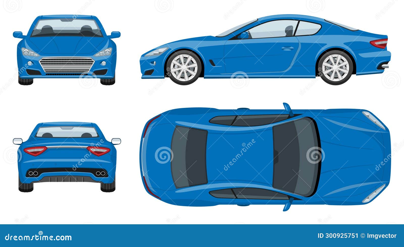 Blue Sports Car Vector Template Side, Front, Back Top View Stock Vector ...
