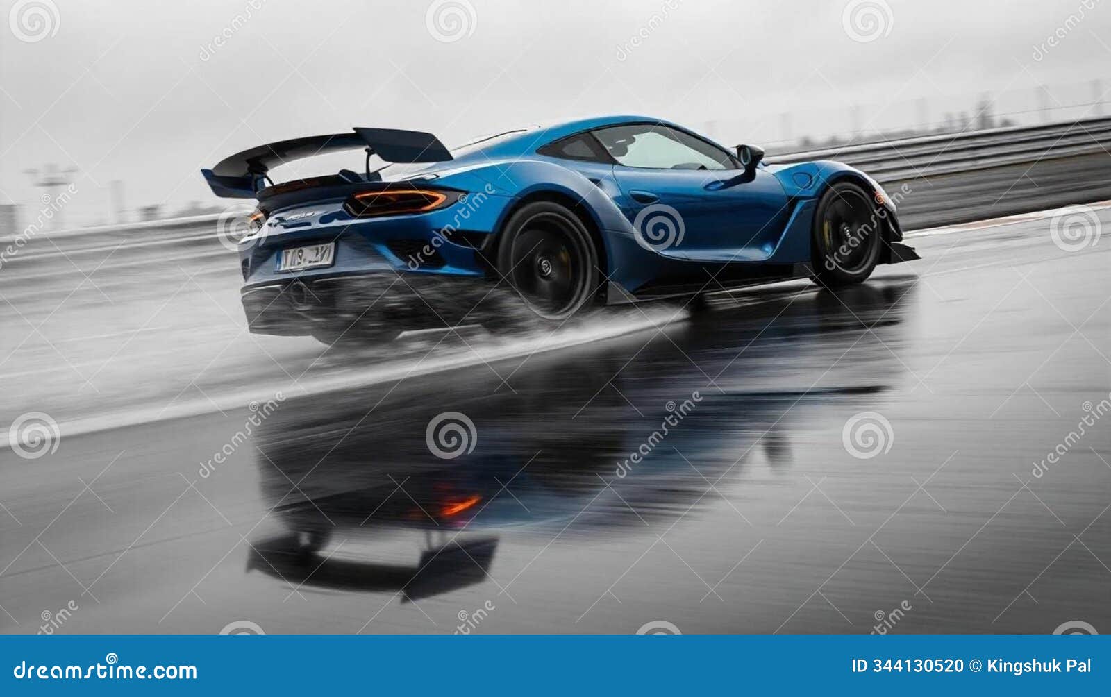 A Blue Spots Car Racing on a Track at High Speed, with Motion Blur ...