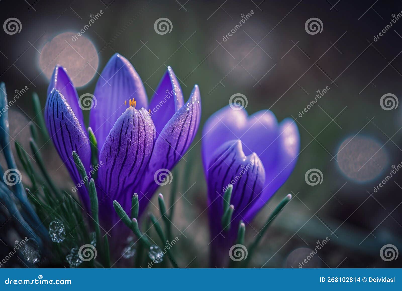 Blue Sprouting Crocus Flowers Covered in Water Droplets in Spring ...