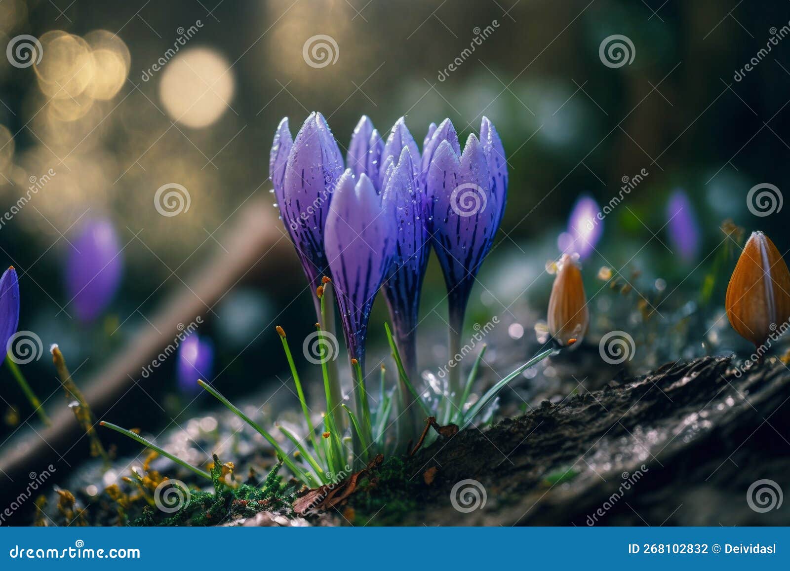 Blue Sprouting Crocus Flowers Covered in Water Droplets in Spring ...