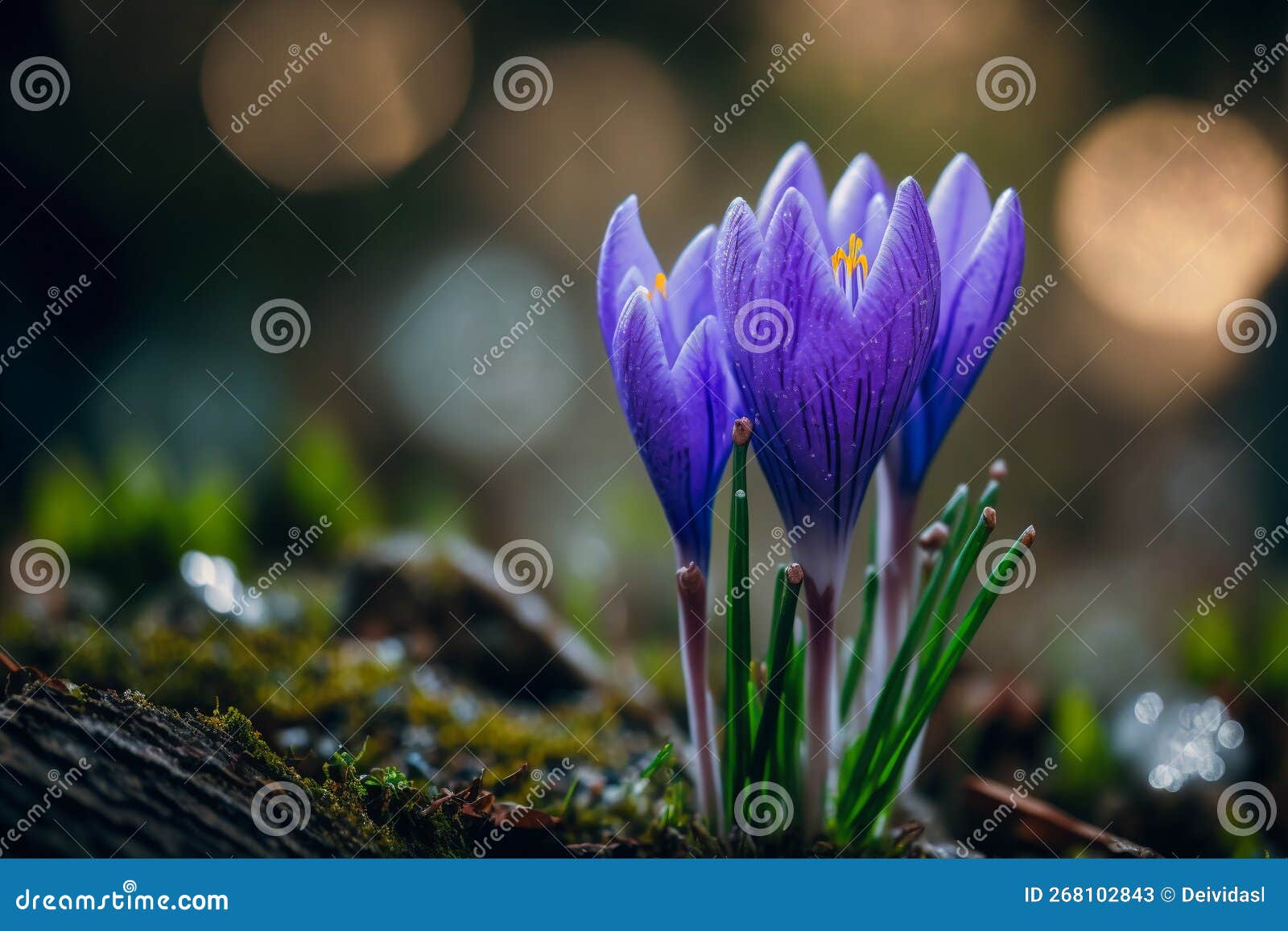 Blue Sprouting Crocus Flowers Covered in Water Droplets in Spring ...