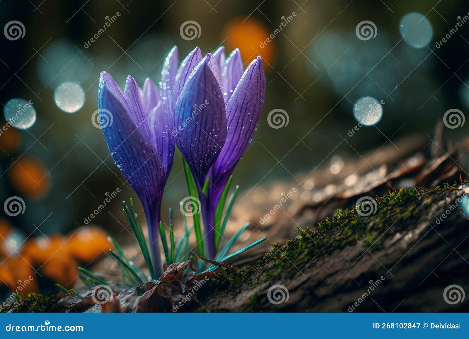 Blue Sprouting Crocus Flowers Covered in Water Droplets in Spring ...