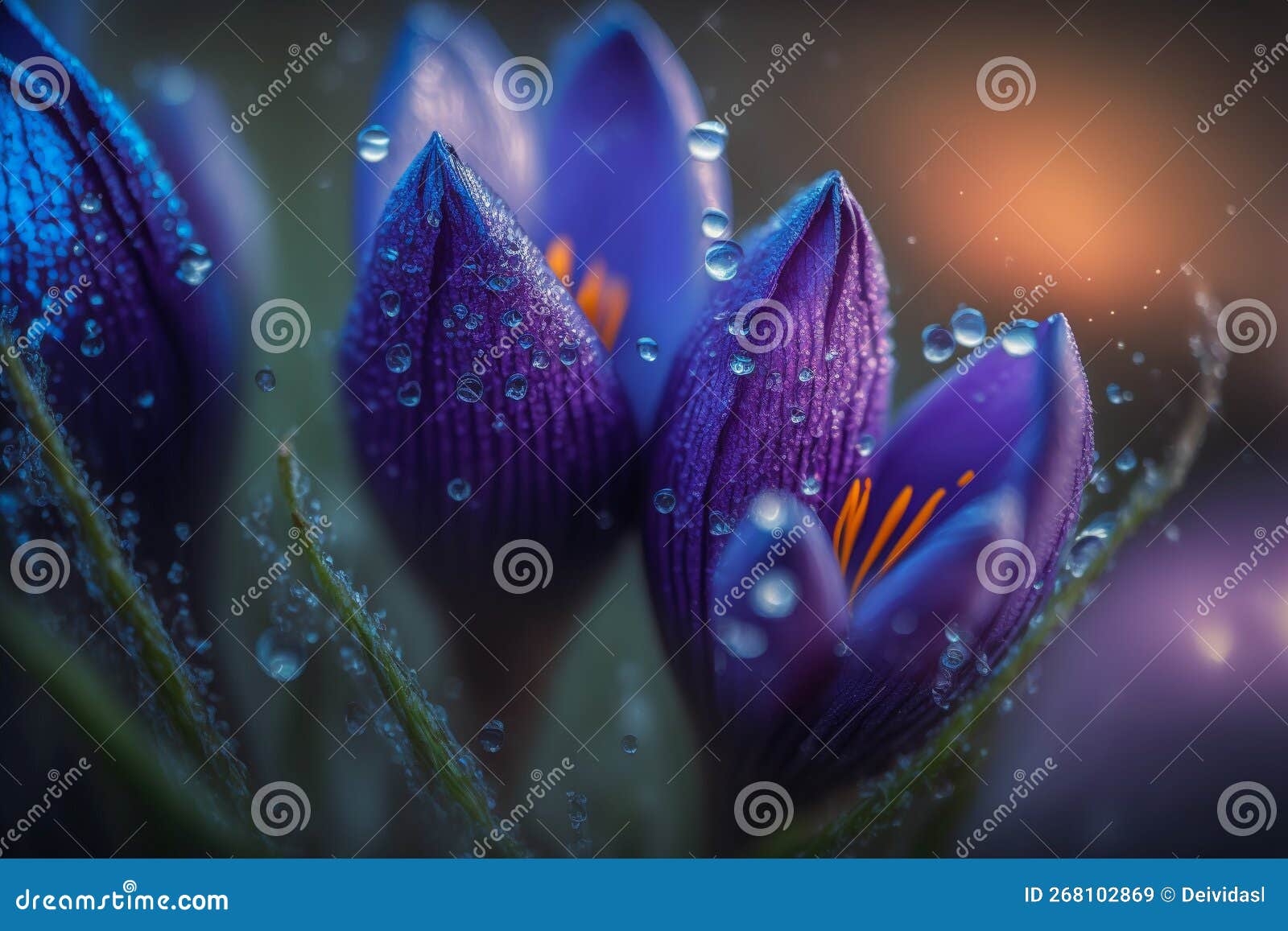 Blue Sprouting Crocus Flowers Covered in Water Droplets in Spring ...