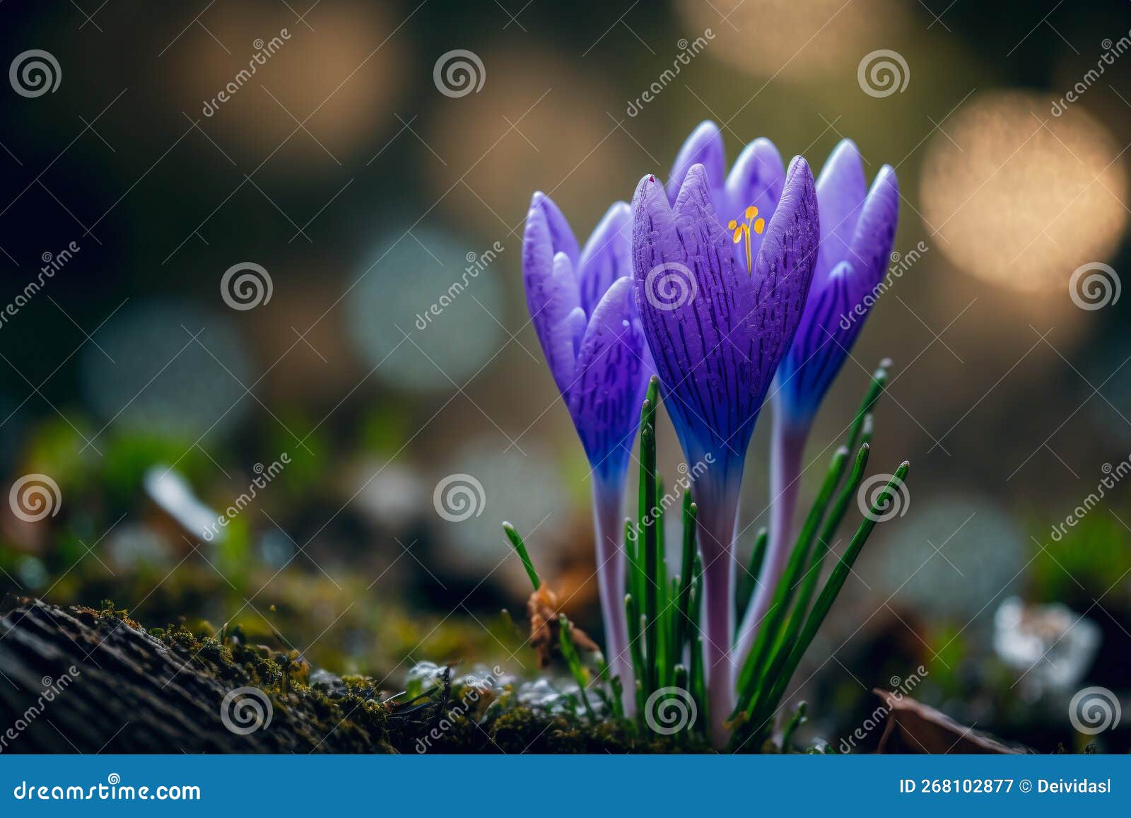 Blue Sprouting Crocus Flowers Covered in Water Droplets in Spring ...