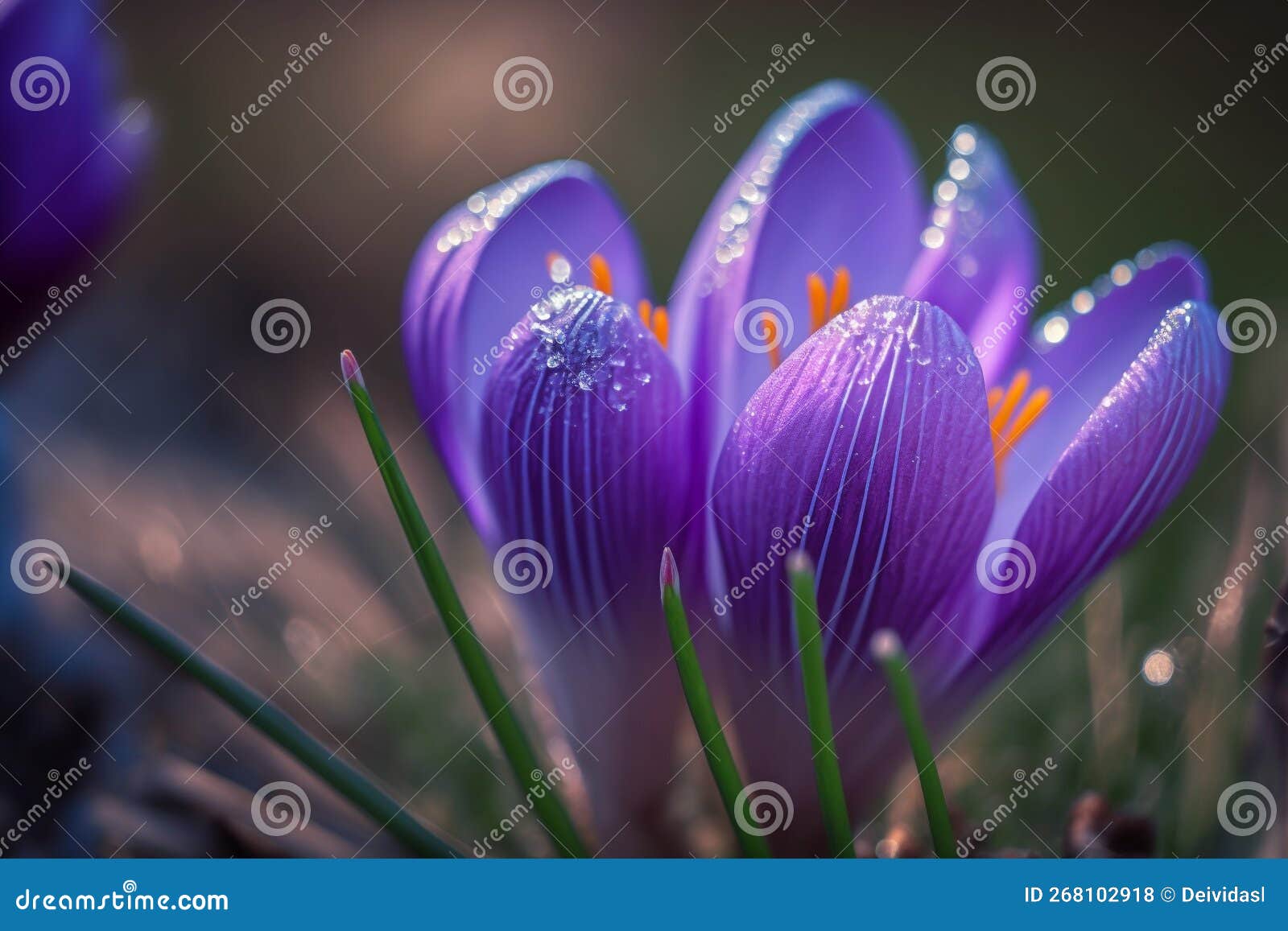 Blue Sprouting Crocus Flowers Covered in Water Droplets in Spring ...