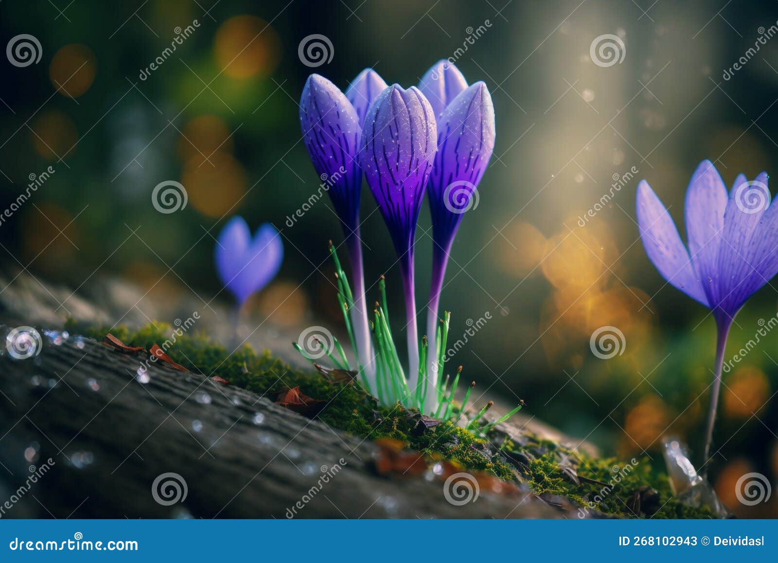 Blue Sprouting Crocus Flowers Covered in Water Droplets in Spring ...