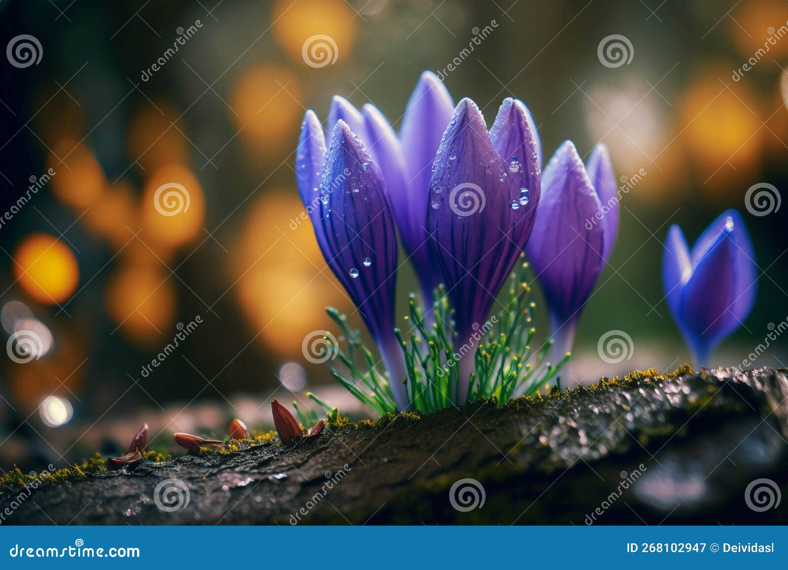 Blue Sprouting Crocus Flowers Covered in Water Droplets in Spring ...