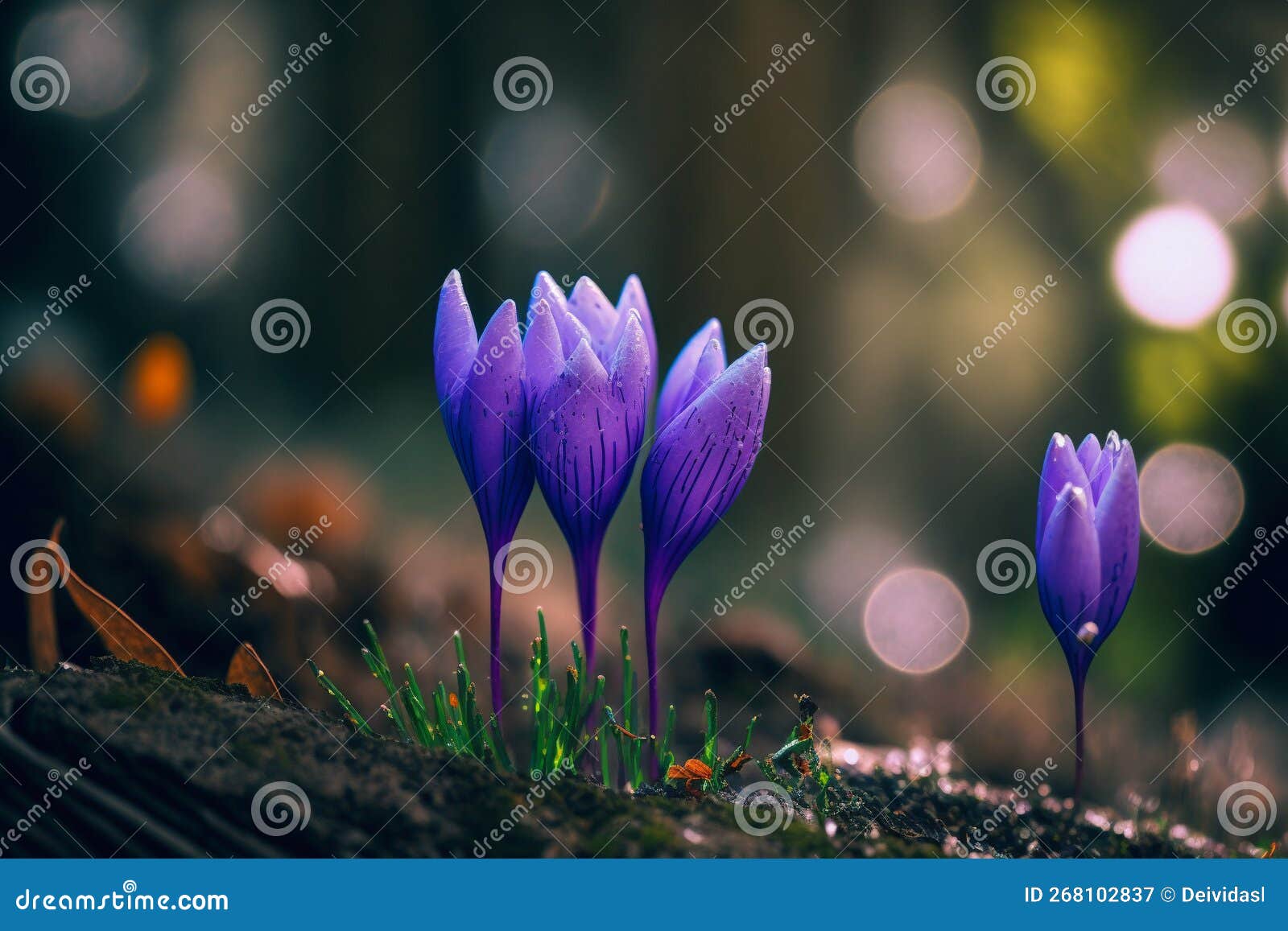 Blue Sprouting Crocus Flowers Covered in Water Droplets in Spring ...