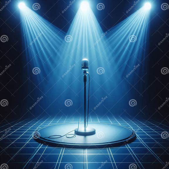 Blue Stage Set with Microphone Under a Bright Spotlight Stock ...
