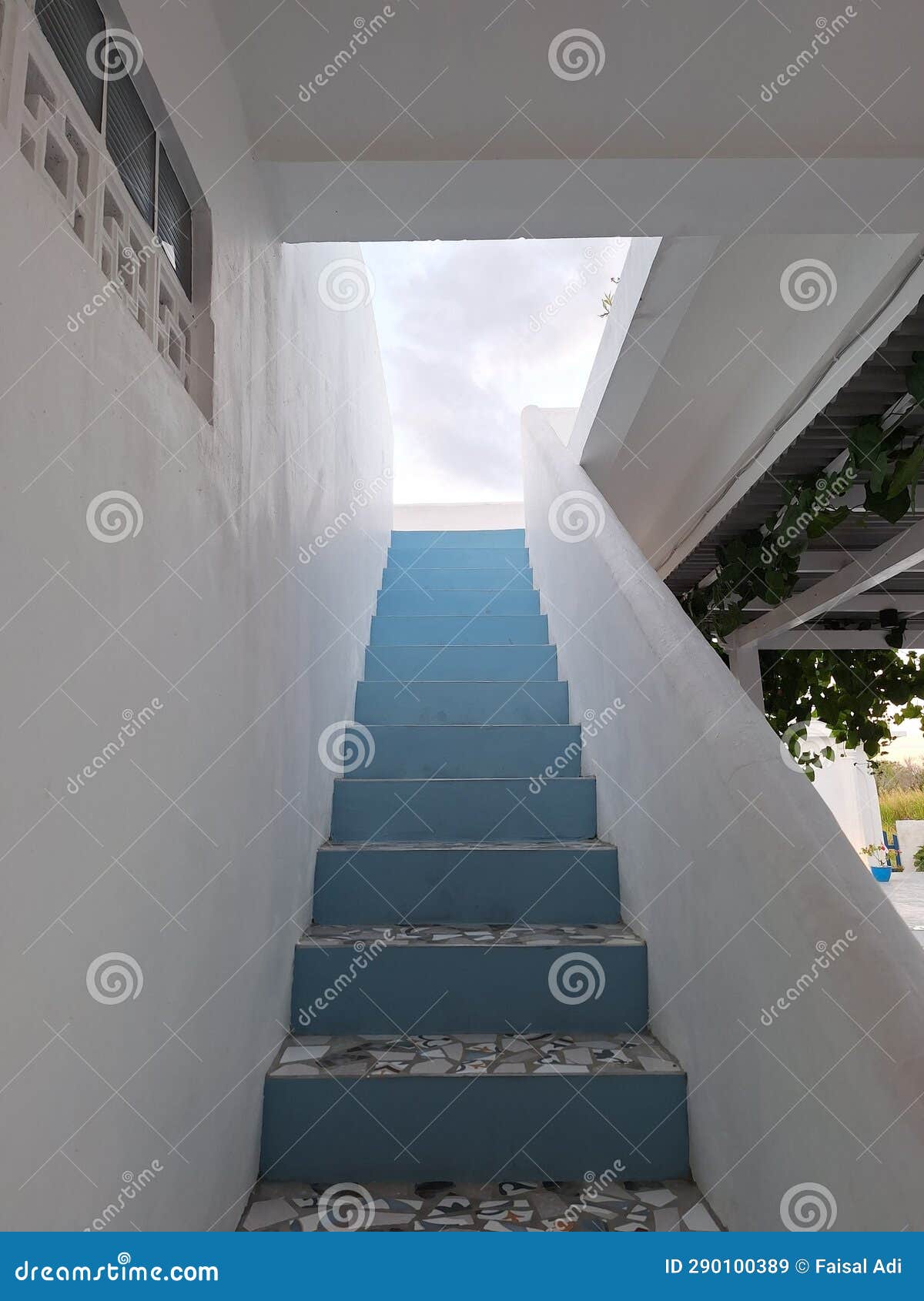 Blue Stairs with White Walls with a View of Clouds in the Sky Stock ...