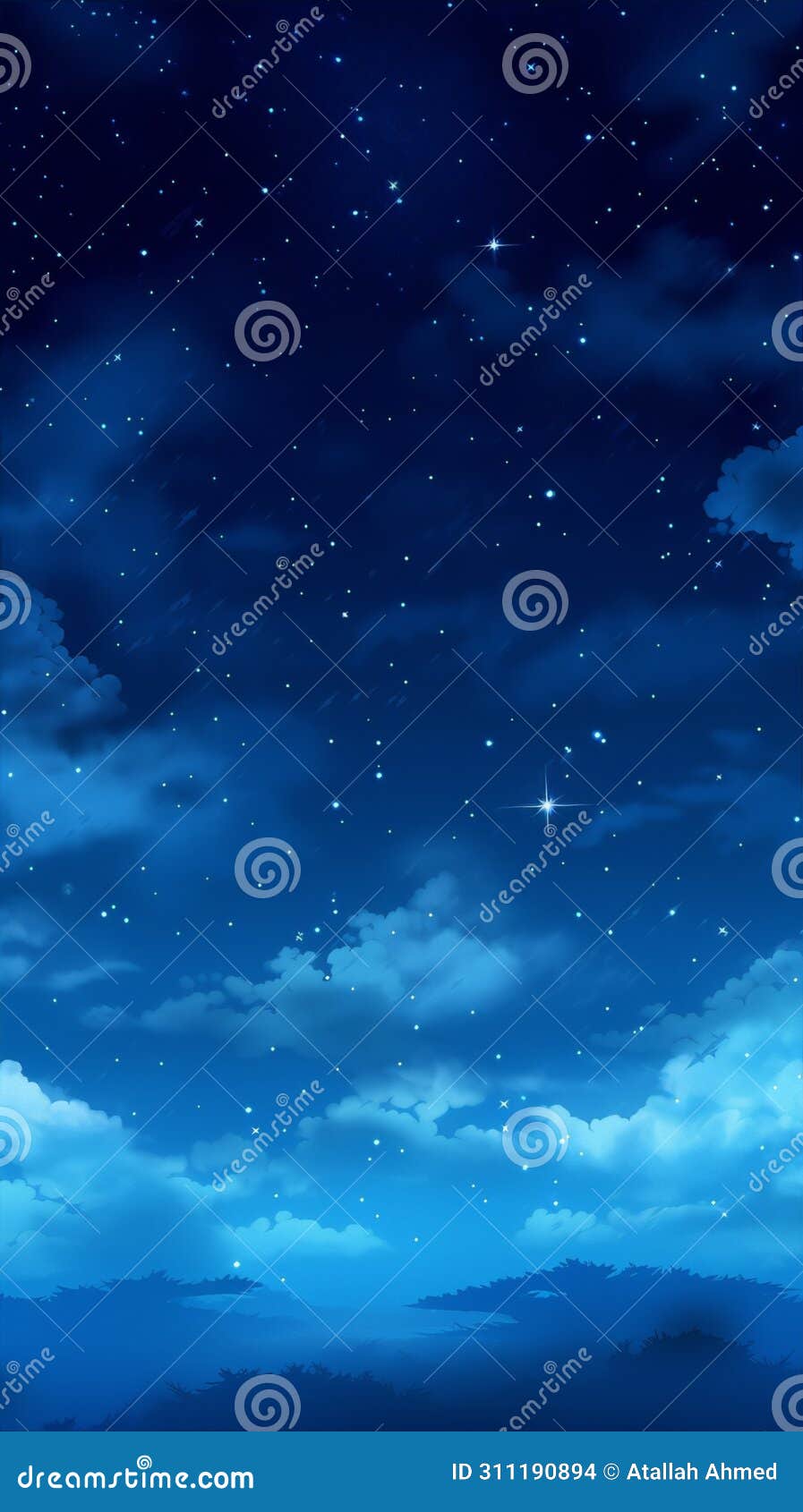 Blue Starry Night Sky with Clouds in Cartoon Style Stock Illustration ...