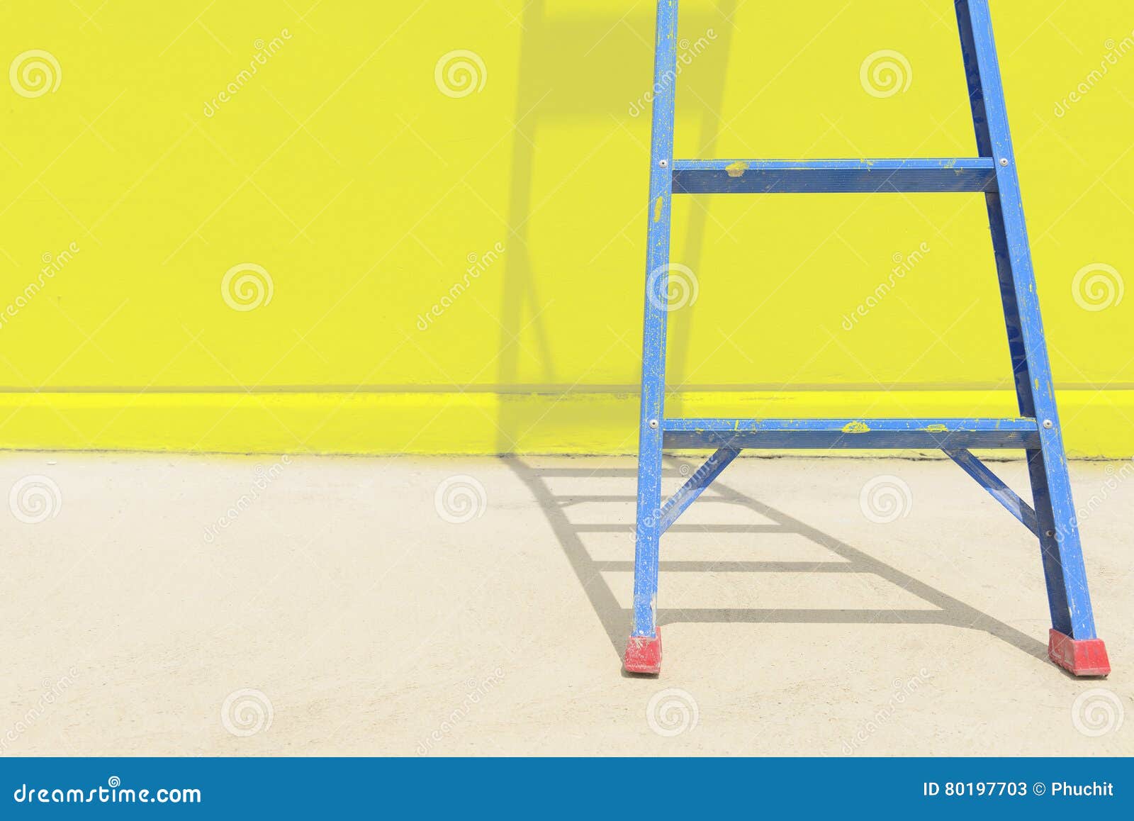 The Blue Steel Ladder with the Yellow Wall Stock Image - Image of floor ...