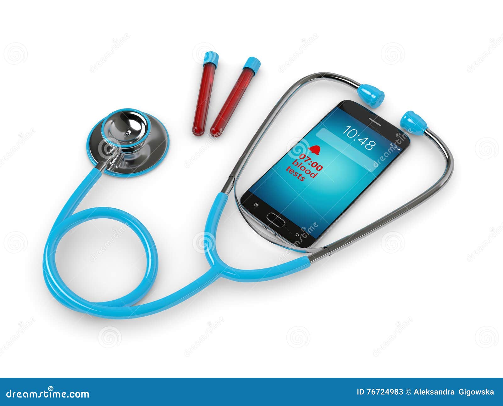 Blue Stethoscope and Mobile Phone with Blood Test Alert Stock ...