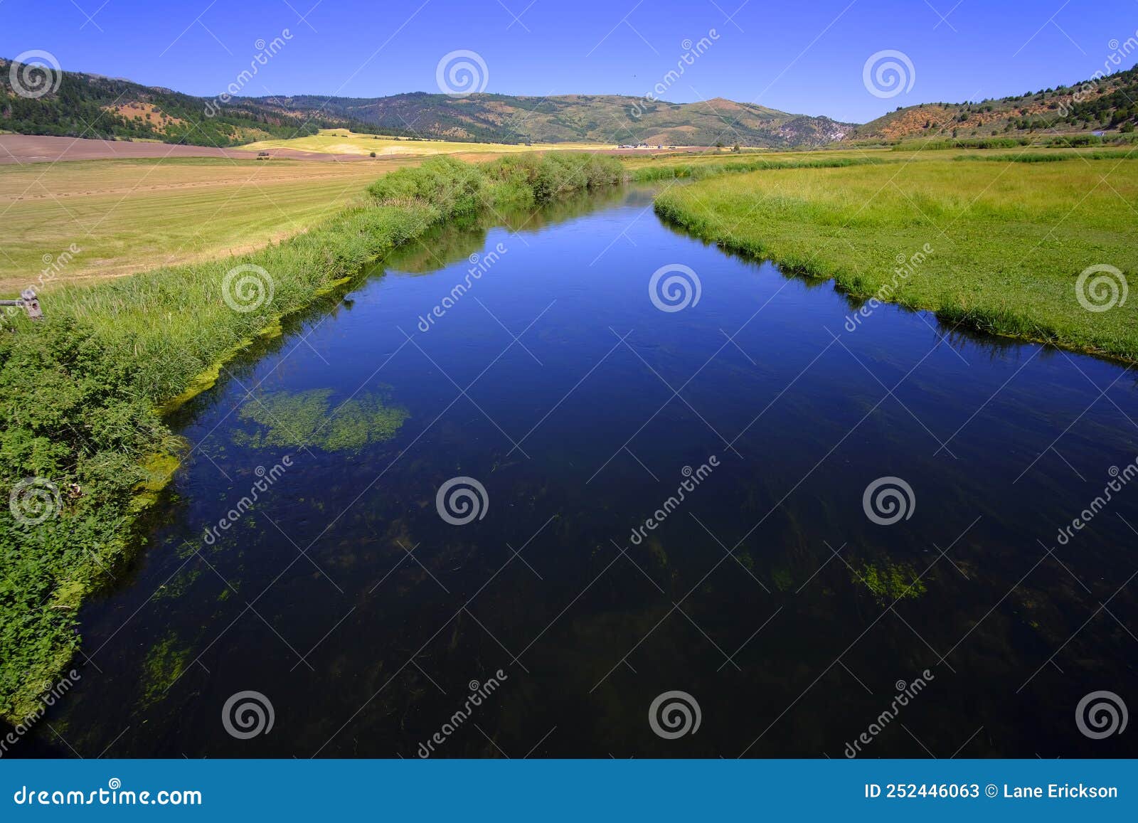 Blue Stream or River Flowing in Valley Reflecting Blue Sky and Clouds ...