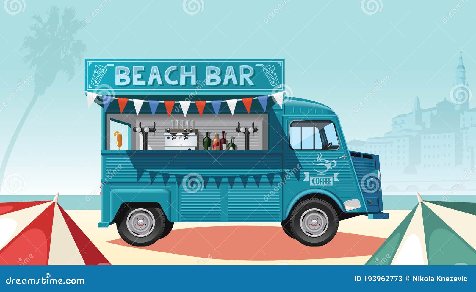 Blue Summer Bar Van on Beach Side View Stock Vector - Illustration of ...