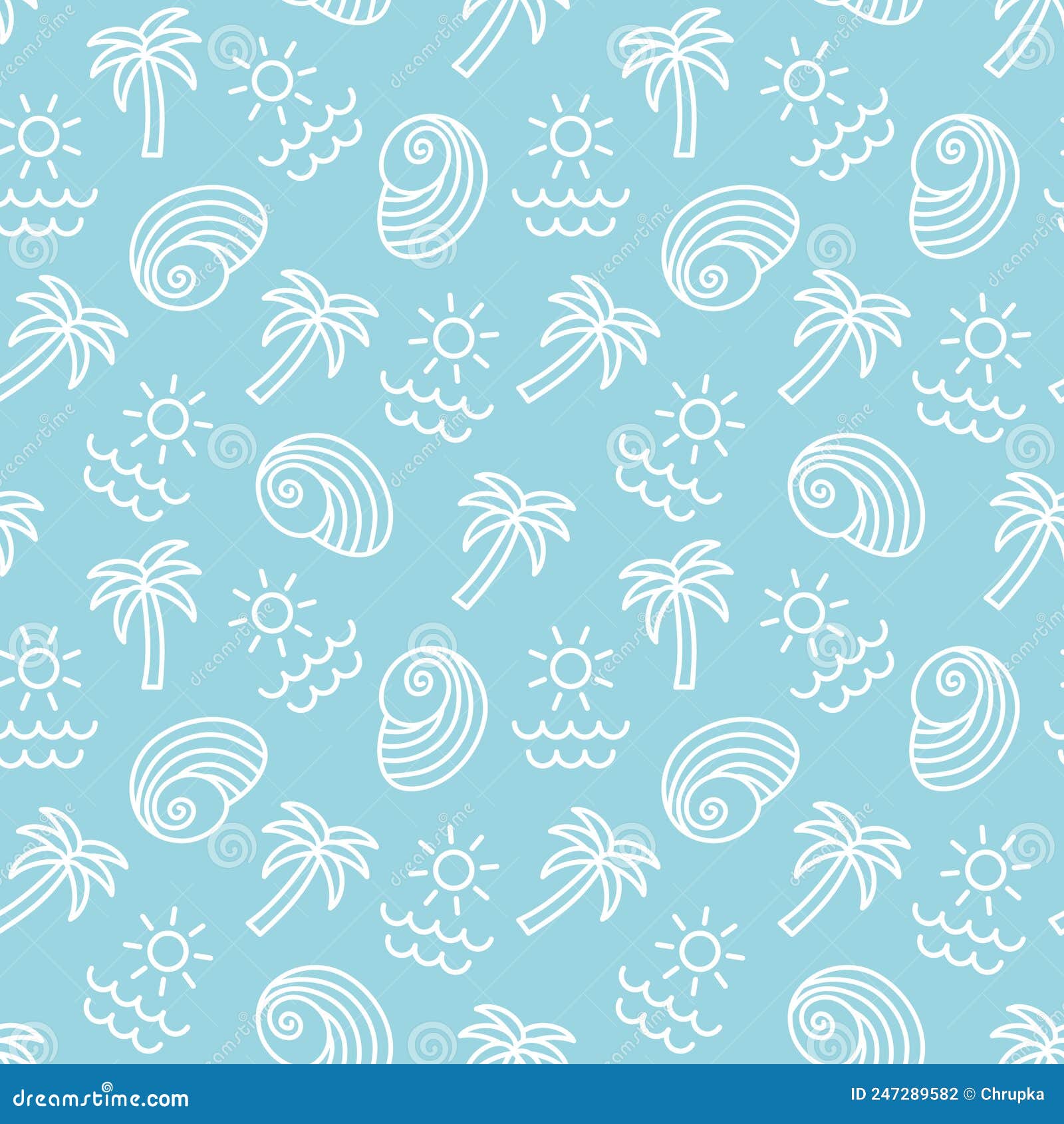 Blue Summer Seamless Pattern with Palm Trees, Shells, Sun and Sea Waves ...