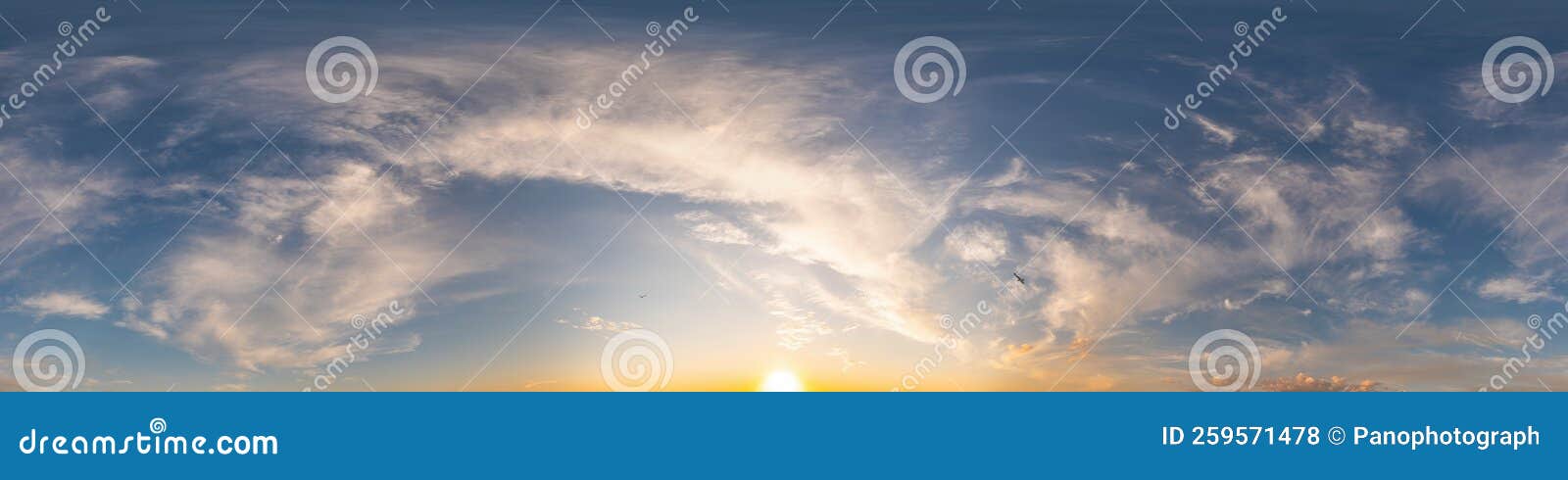 Blue Sunset Sky Panorama with Puffy Cumulus Clouds. Seamless Hdr Pano ...