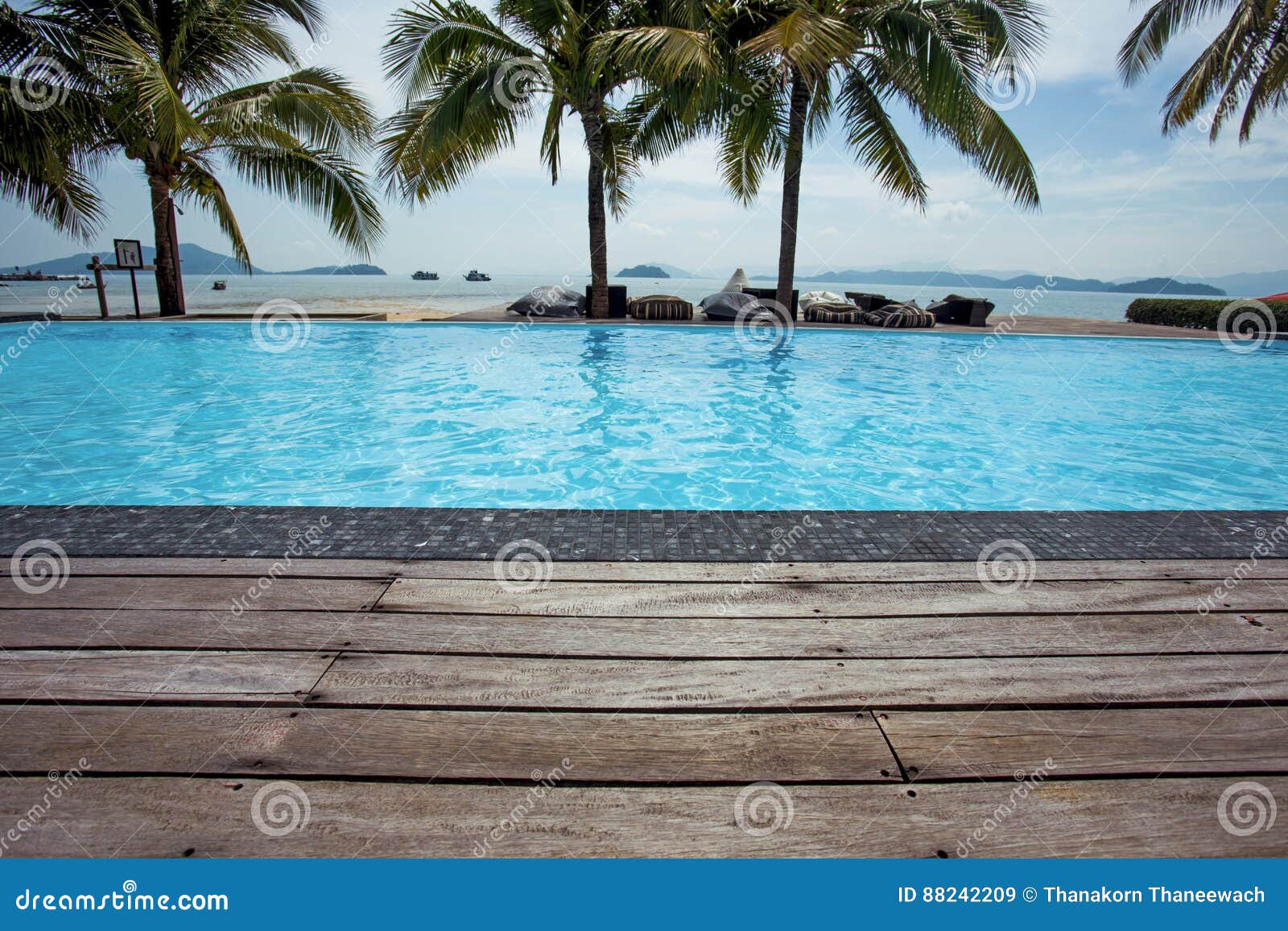 Blue Swimming Pool Summer Vacation and Wooden Deck Stock Image - Image ...