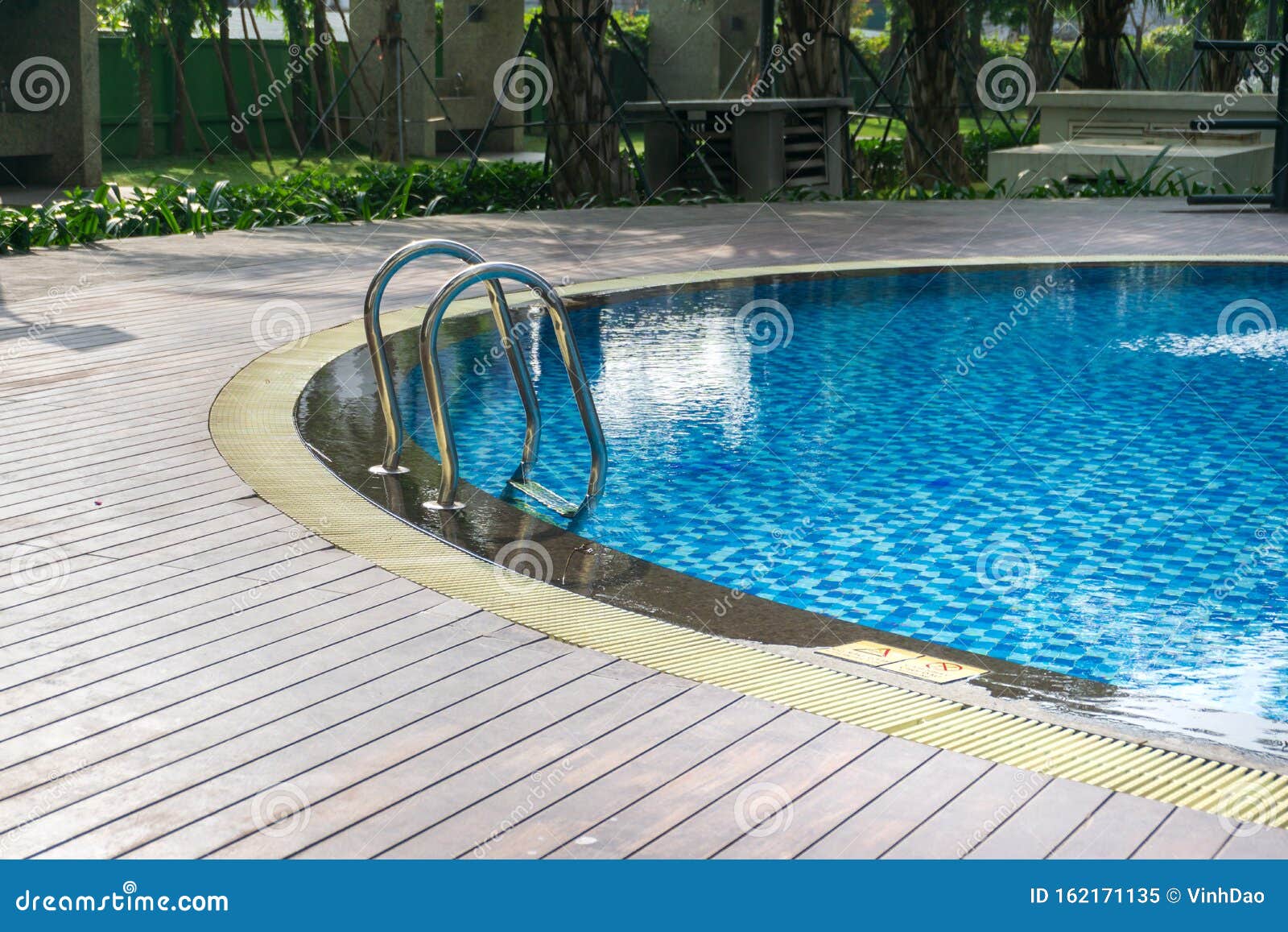 Blue Swimming Pool with Wood Flooring Stripes Stock Image - Image of ...