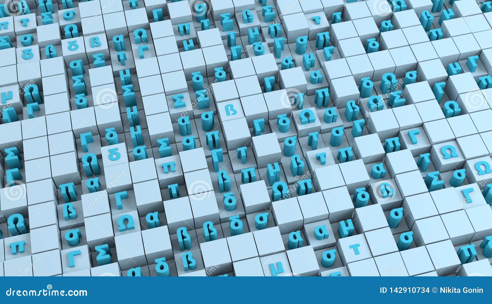 Blue Symbols of Greek Alphabet and Cubes 3D Render Stock Illustration ...
