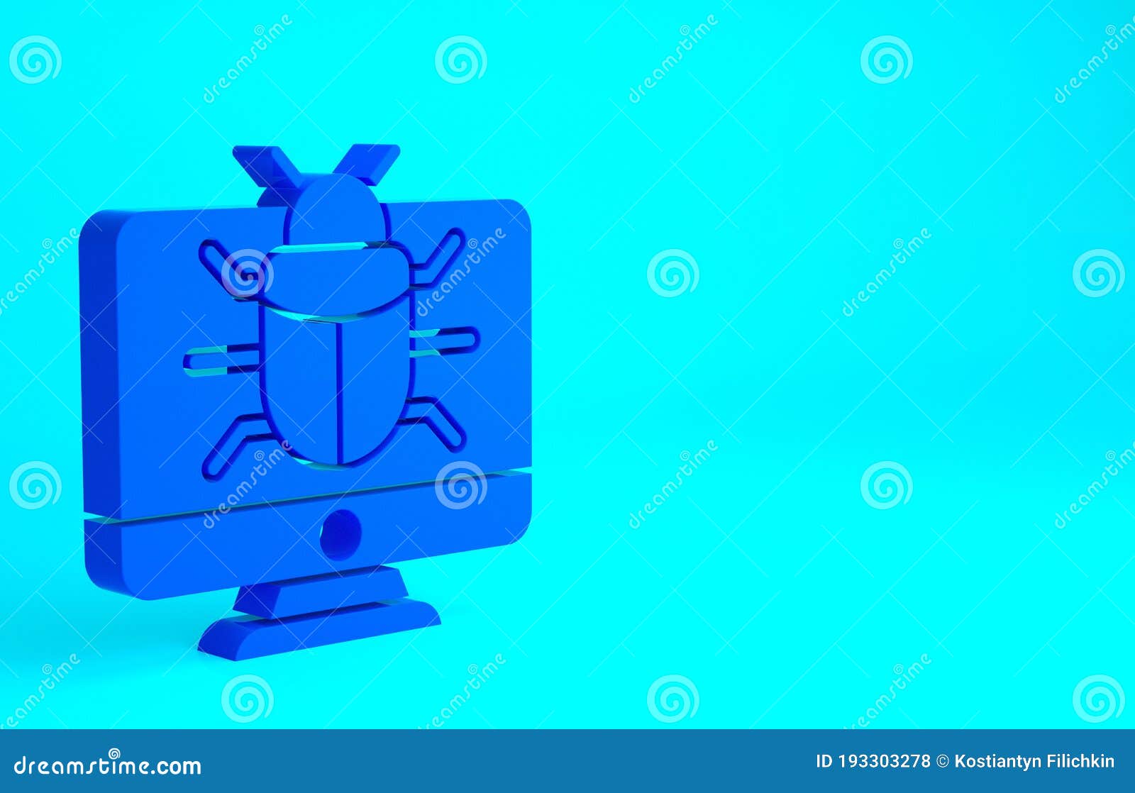 Blue System Bug on Monitor Icon Isolated on Blue Background. Code Bug ...