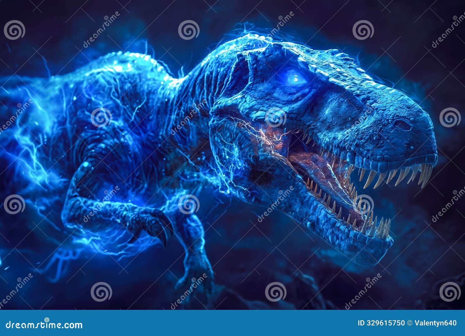 A Blue T-rex with Its Mouth Open in the Dark. Generative AI Stock ...