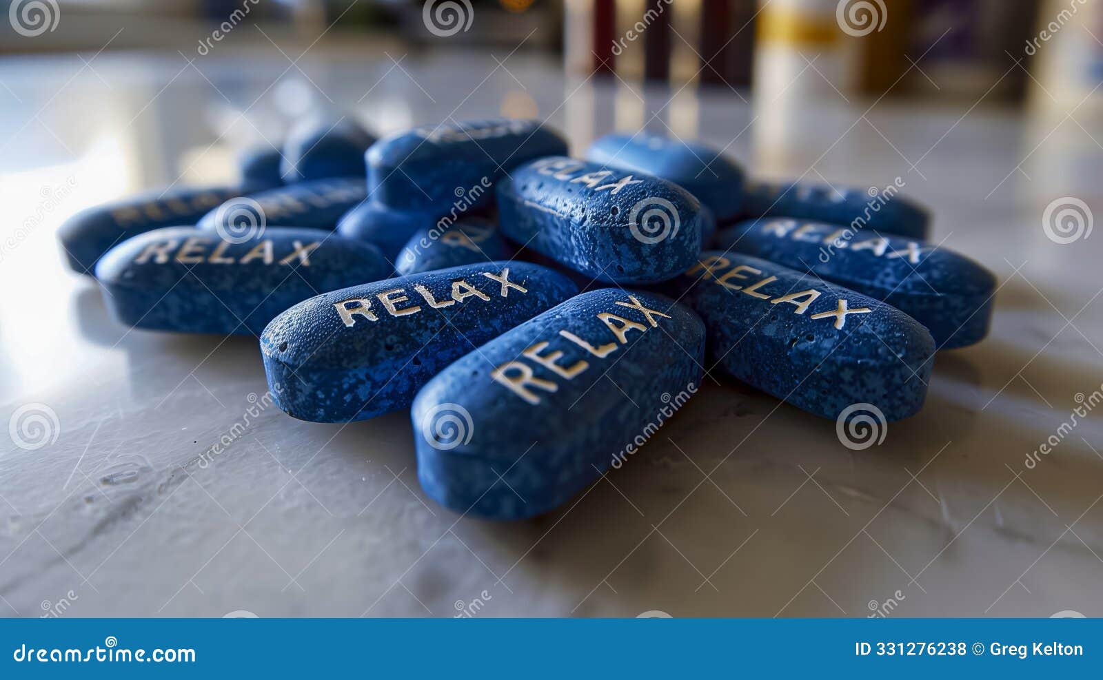 Blue Tablets Labeled "Relax" on a Reflective Surface Stock Illustration ...