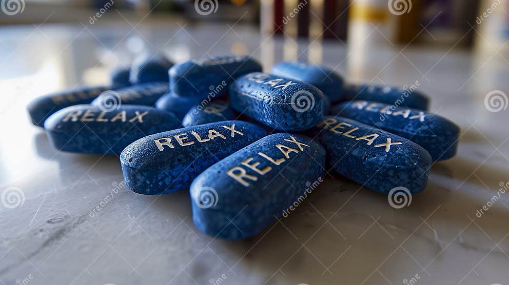 Blue Tablets Labeled "Relax" on a Reflective Surface Stock Illustration ...