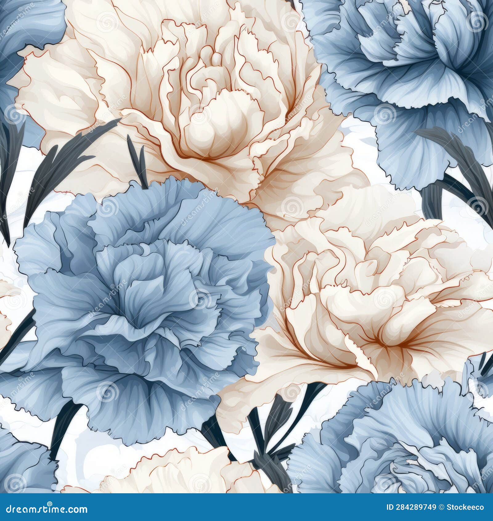 Blue and Tan Carnation Seamless Pattern with Soft Tonal Colors Stock ...