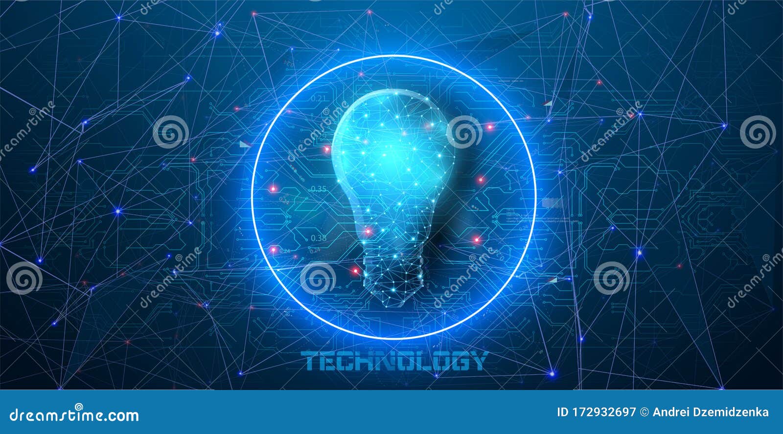 Blue Technological Background. Low Poly Style Light Bulb in a Neon ...
