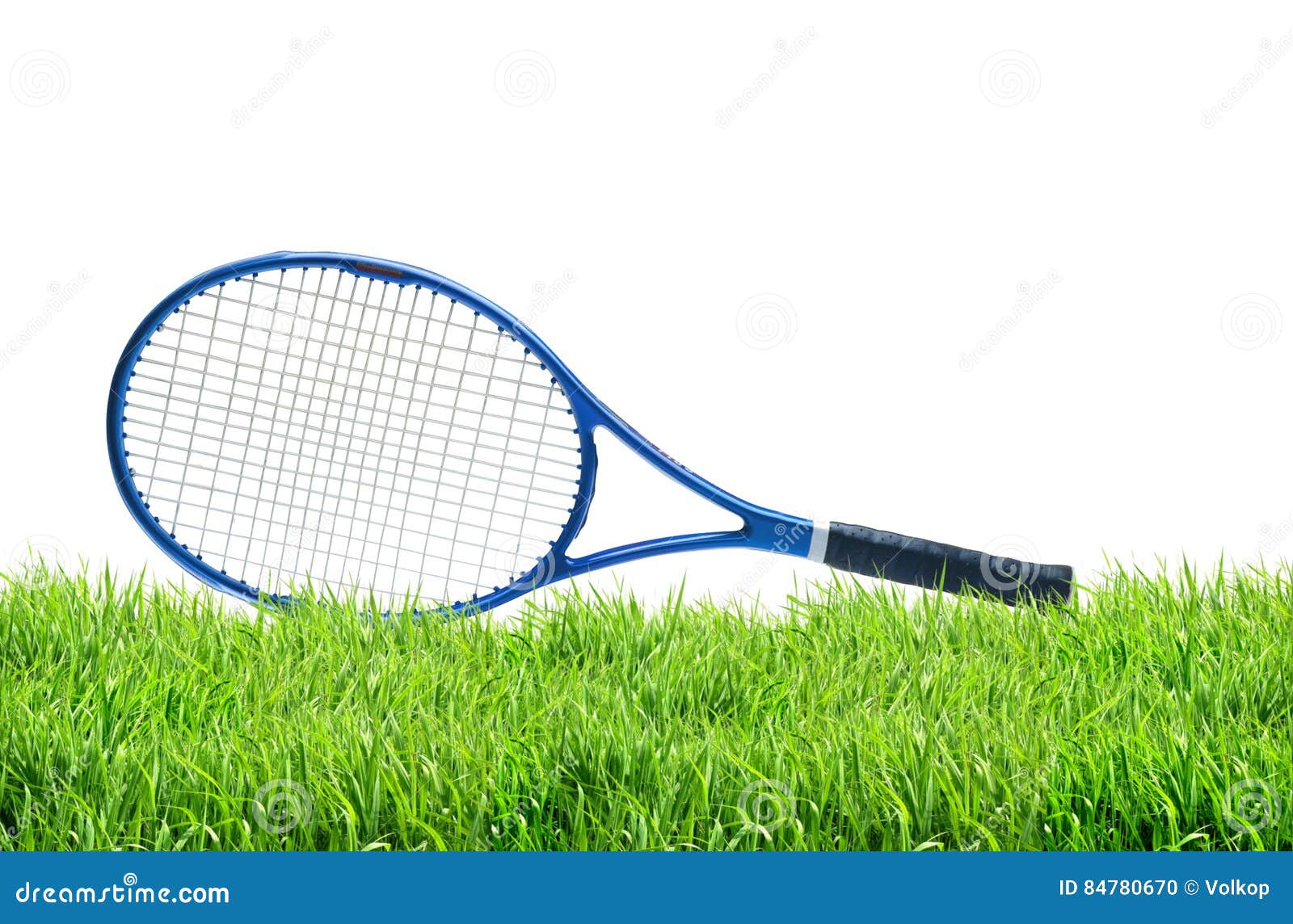 Blue Tennis Racket on Green Grass Isolated White Stock Photo - Image of ...