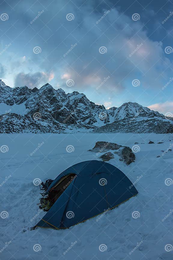 Blue Tent in the Base Camp in the Mountains Stock Photo - Image of ...