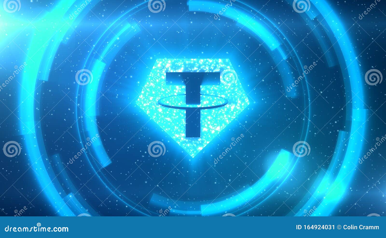 Blue Tether Symbol on Space Background with HUD Elements Stock ...