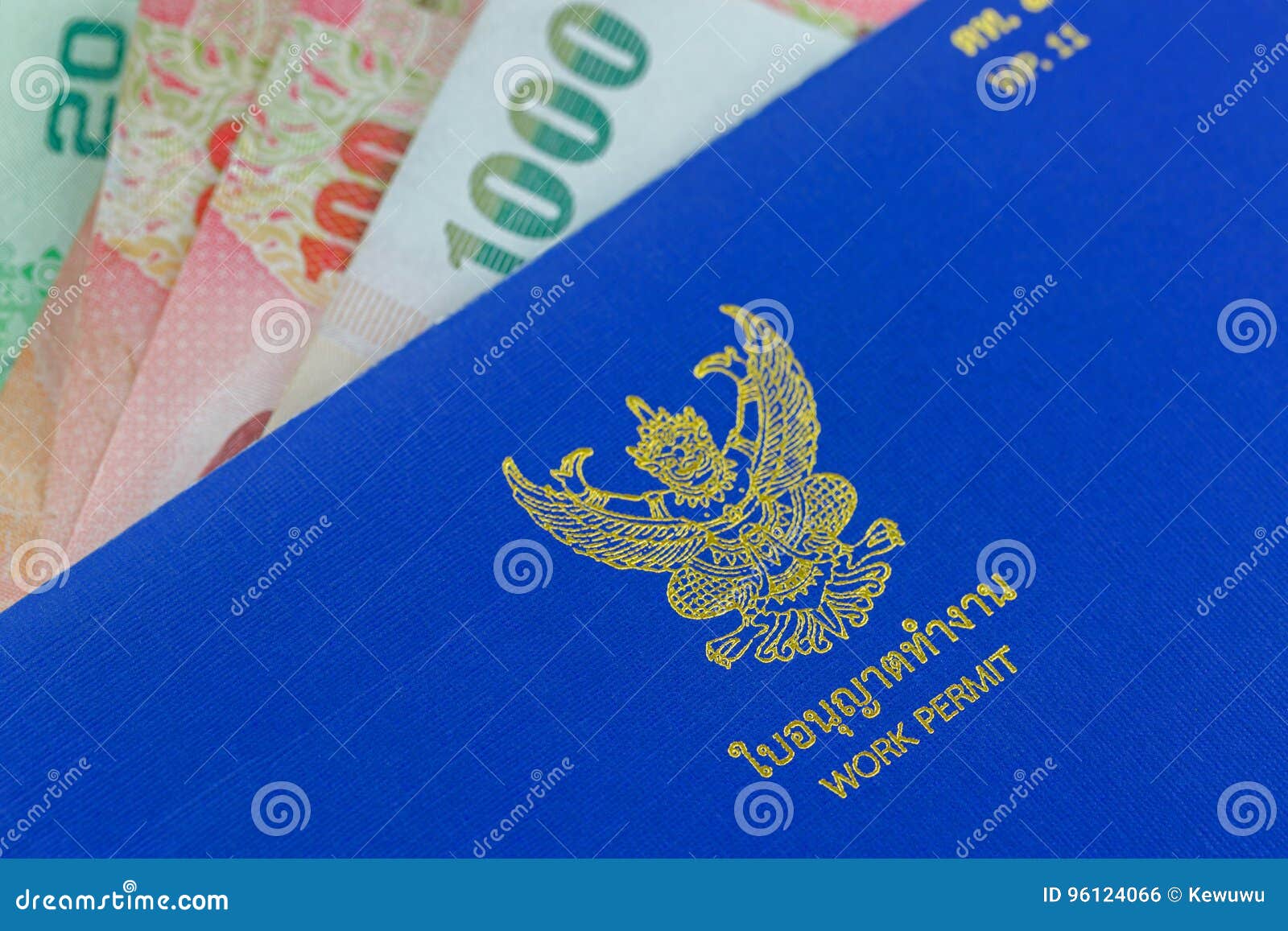 Blue Thai Work Permit Book & X28;WP.11& X29; on Thai Baht Banknote ...