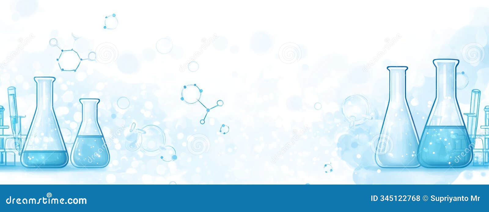 A Blue-themed Illustration Featuring Laboratory Glassware and Molecular ...