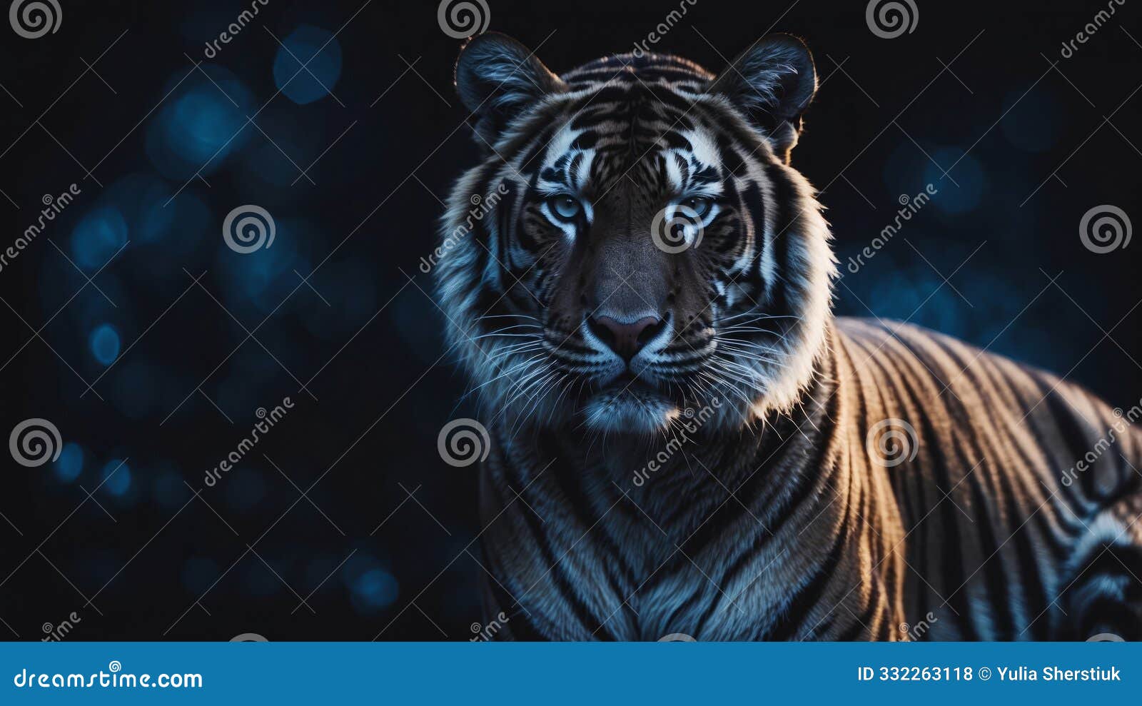 A Blue Tiger with Glowing Stripes on a Black Background with a Glowing ...