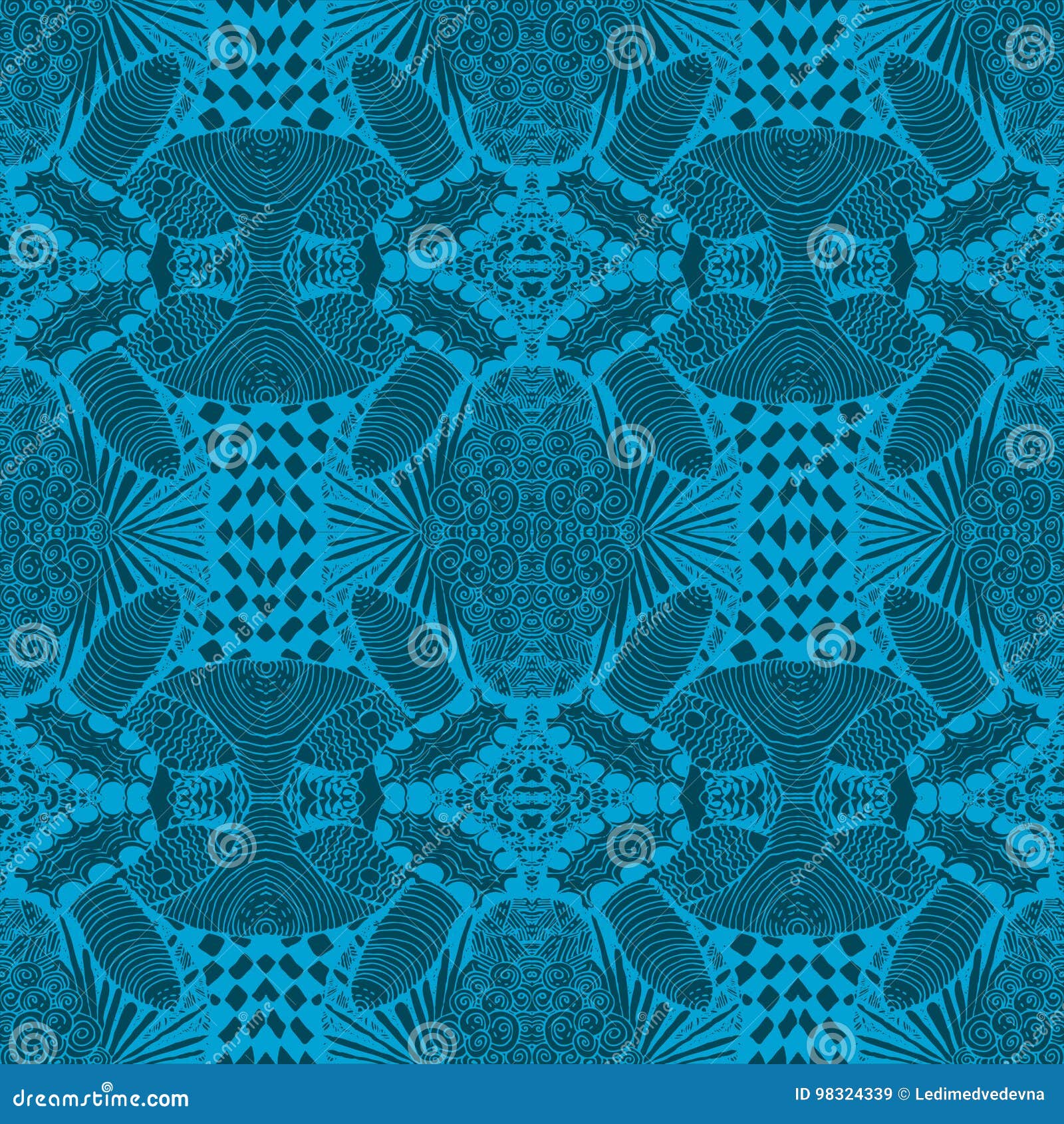 Blue Tiles with Seamless Pattern. Vector Illustration. Drawing by Hand ...
