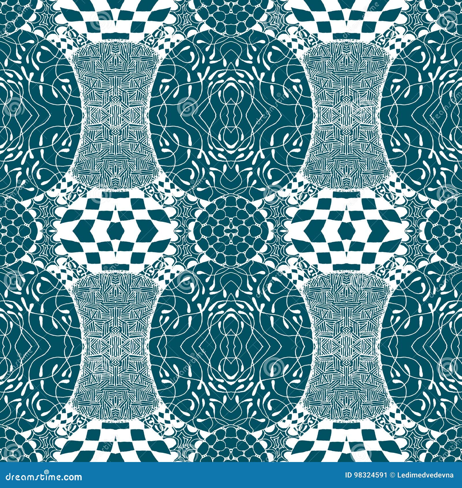 Blue Tiles with Seamless Pattern. Vector Illustration. Drawing by Hand ...
