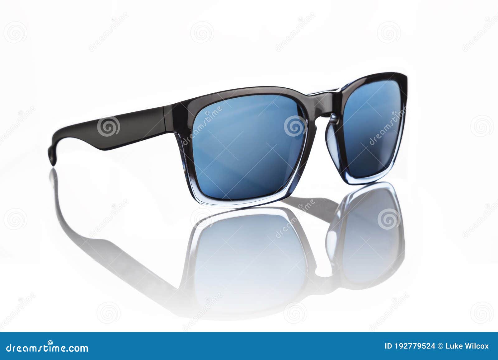 Blue Tinted Sunglasses with Black Frames on White Background Stock ...