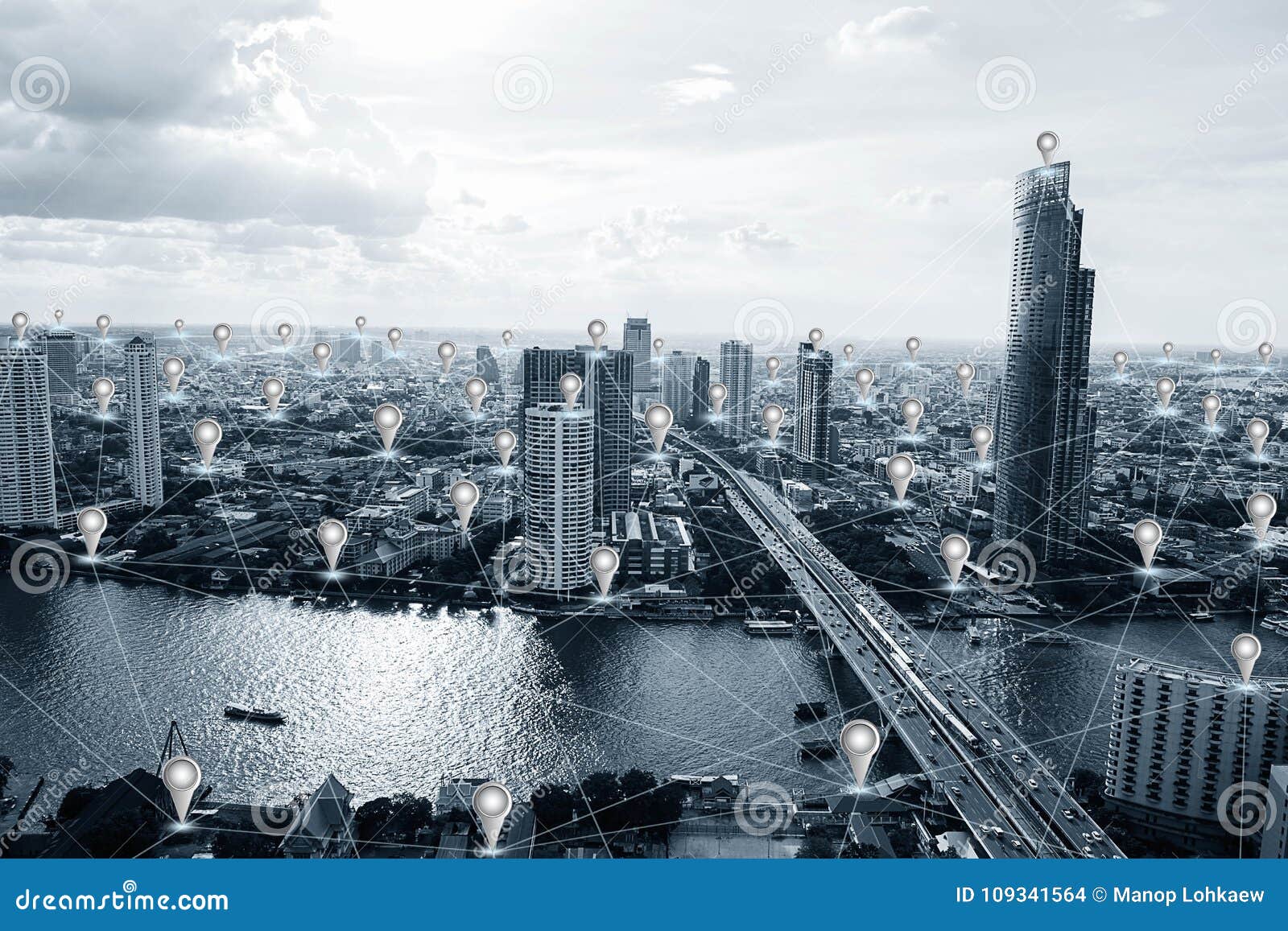 Blue Tone Smart City with GPS Icon and Network Connections Stock Photo ...