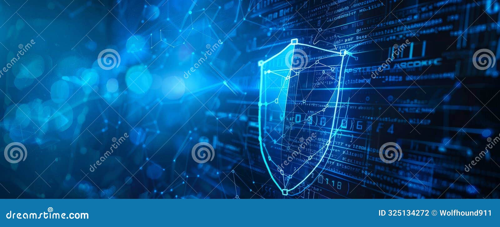 Blue-toned Cyber Security Background with a Digital Shield, Binary Code, and Abstract Lines ...