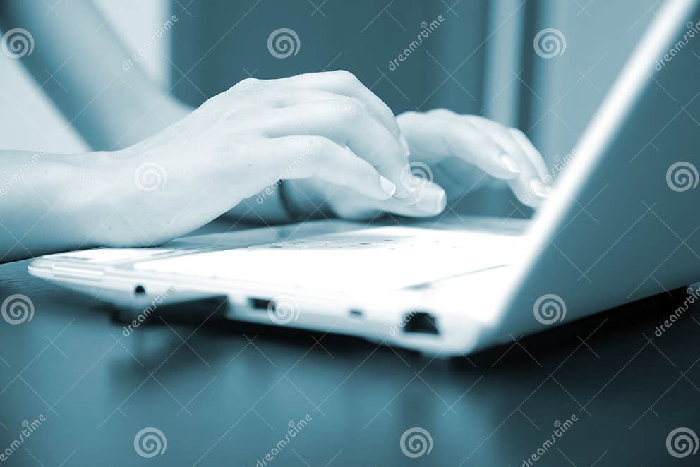Blue Toned Image of Female Hand Typing on a Pc Stock Photo - Image of ...