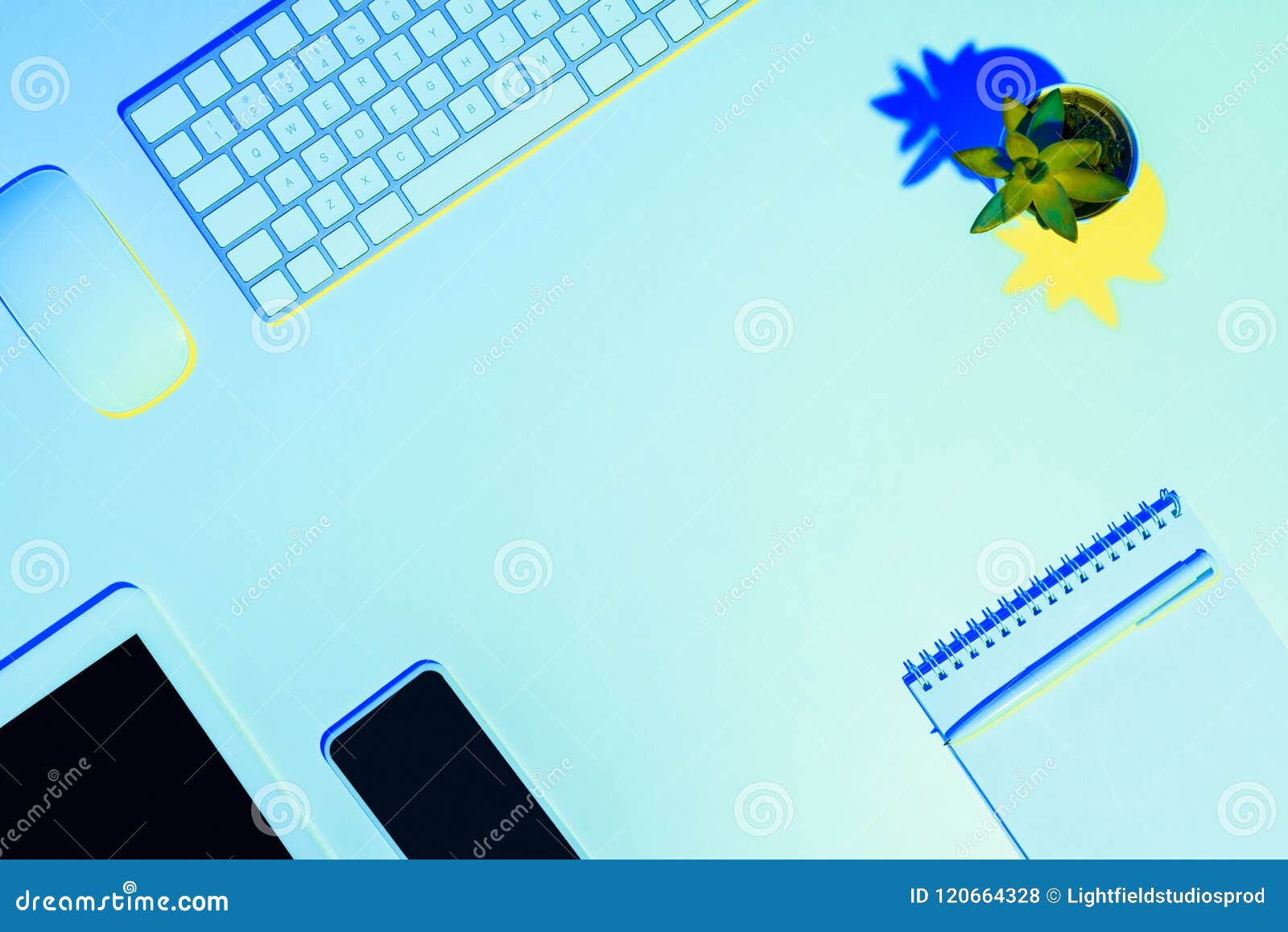 Blue Toned Picture of Plant, Computer Mouse and Keyboard, Digital ... Blue Toned Picture of Plant, Computer Mouse and Keyboard, Digital ...