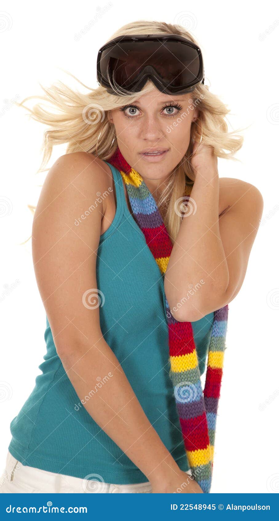 Blue Top Scarf Goggles Looking Stock Image - Image of goggles, female ...