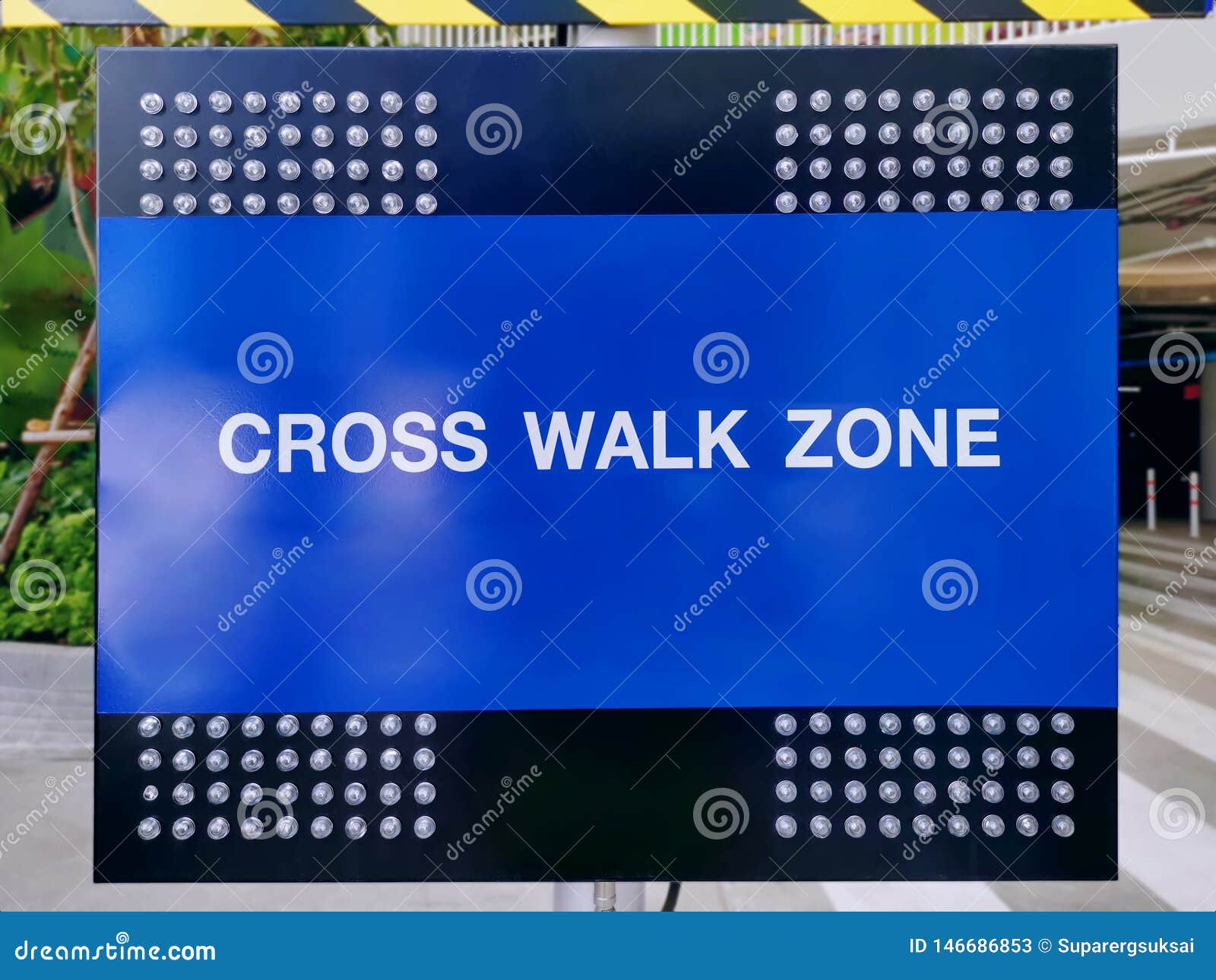 Blue Traffic Panel with Light Bulbs and Cross Walk Zone Warning Texts ...