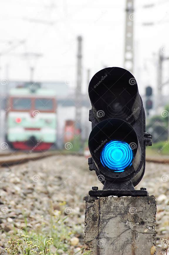 Blue train signal stock photo. Image of rail, stop, sign - 13997766