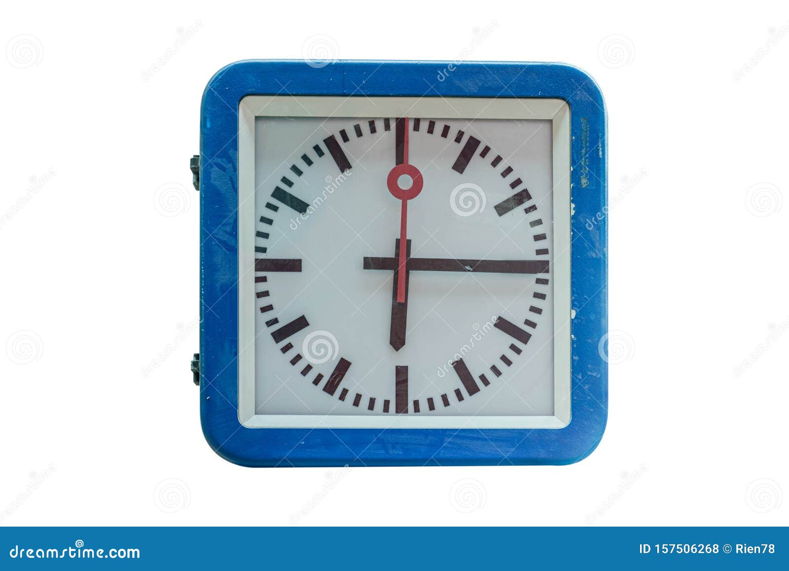 Blue Train Station Clock on a White Background Blacked Pointers One Red ...