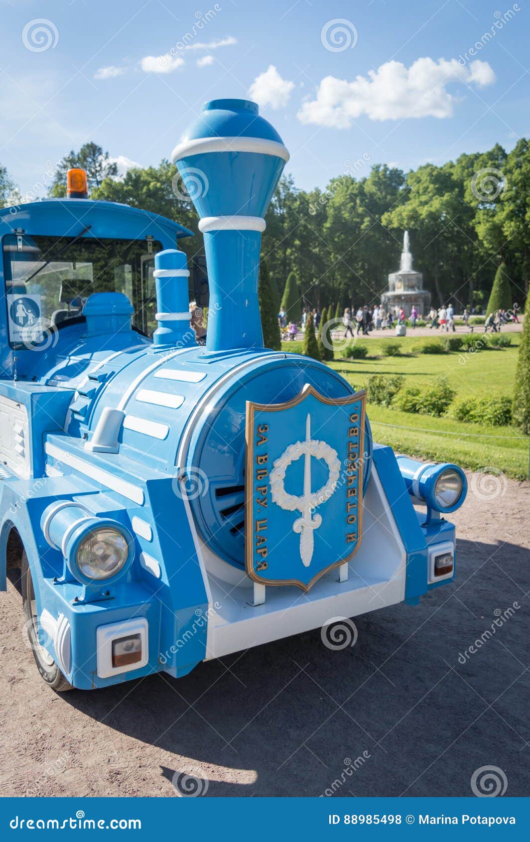 The Blue Train for Tourists in Peterhof Park in the Summer Editorial ...