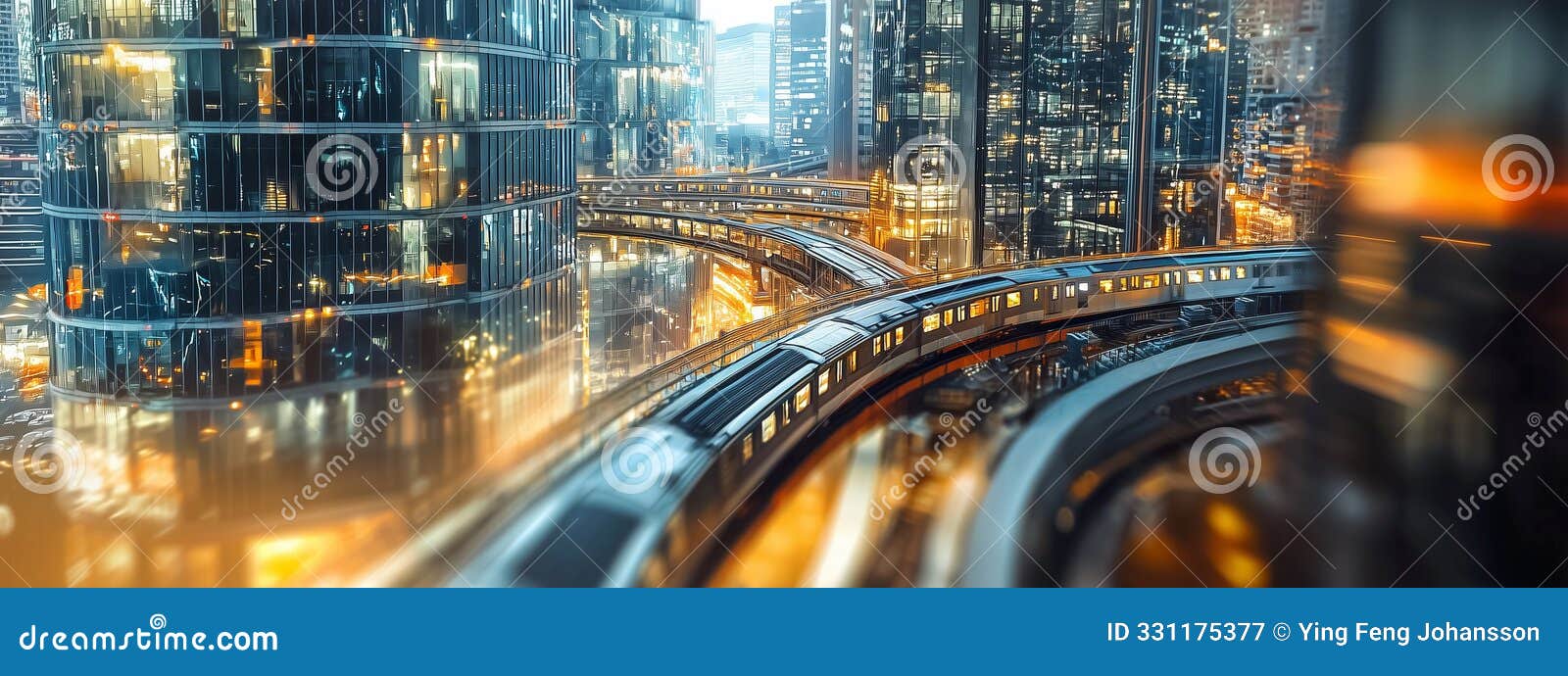 Blue Train on Winding Railway Track in Abstract Evening Cityscape Stock ...