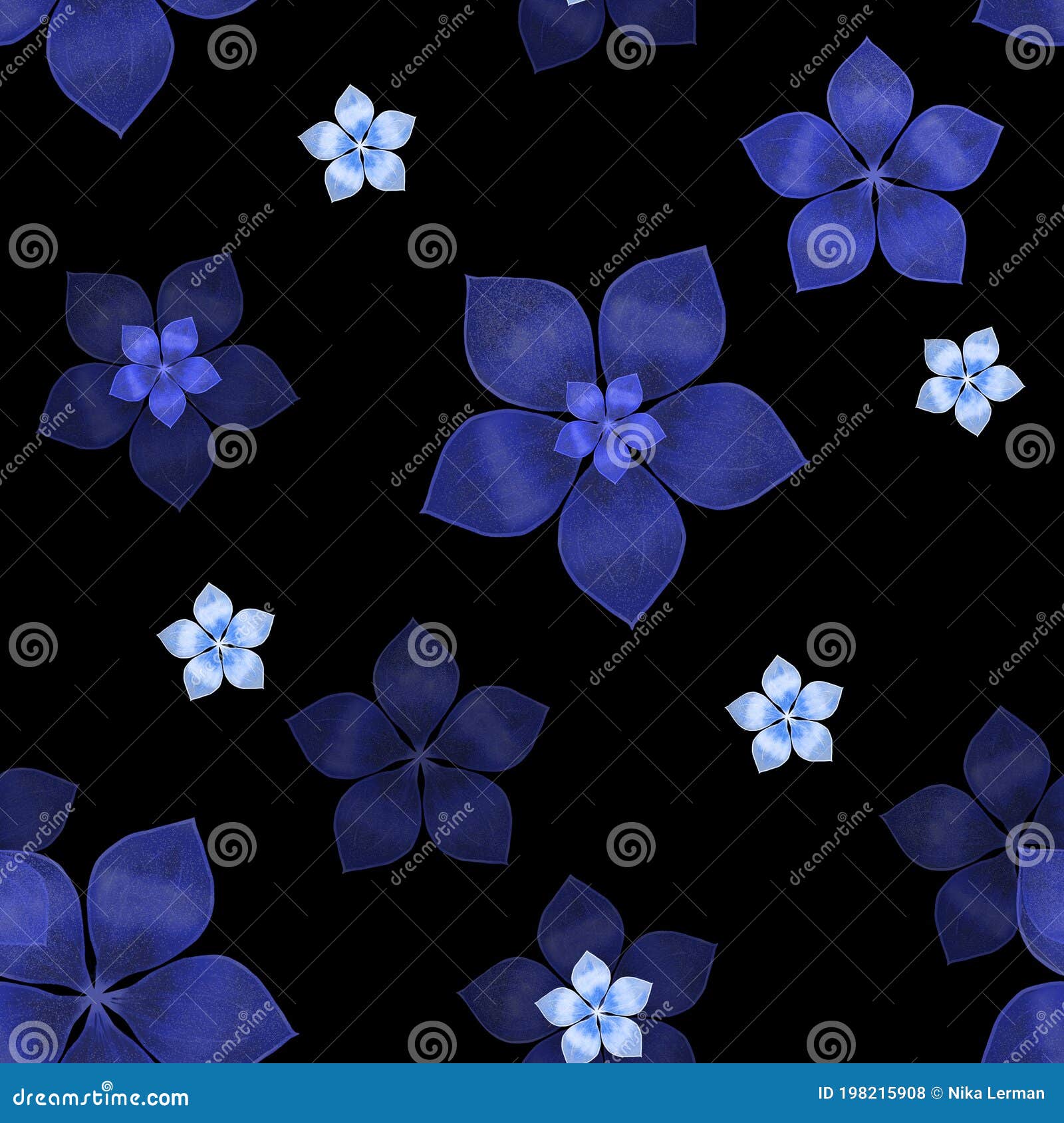Blue Translucent Flowers on a Black Background Stock Illustration ...